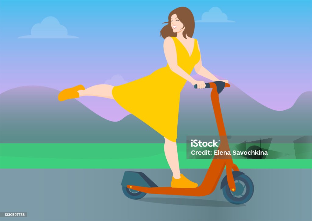A Cute Darkhaired Girl In A Yellow Dress Rides A Scooter Lifting Her
