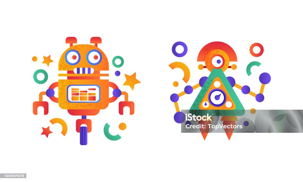 Ensemble De Robots Colorés Icônes Chatbots Drôles Androïdes Vector
