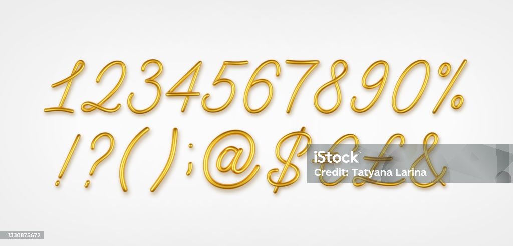 Gold Realistic 3d Numbers Symbols And Currency Signs Isolated On A