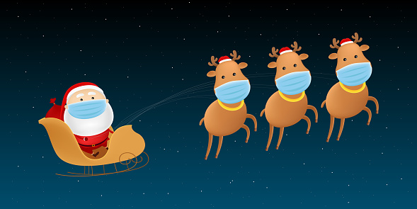 Santa Claus Memakai Topeng Medis Terbang Dengan Kereta Luncur Rusa