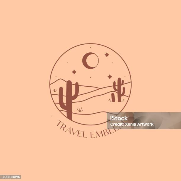 Vektor Linear Boho Lambang Dengan Lanskap Gurun Abstrak Ilustrasi Stok