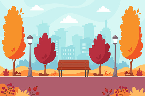 Parc De La Ville Dautomne Avec Banc Paysage Dautomne Illustration