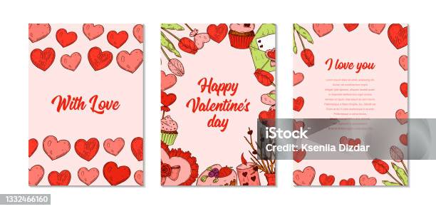 Set Kartu Ucapan Vertikal Hari Valentine Dengan Elemen Yang Digambar
