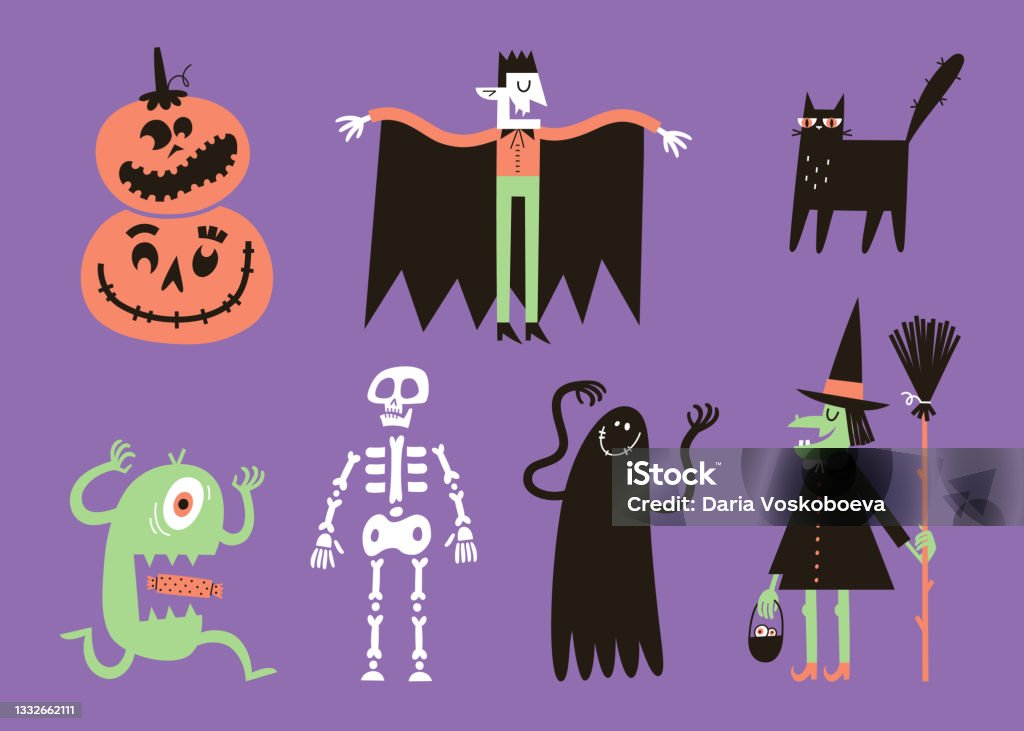 Ilustración de Personajes De Halloween Ambientados En Un Estilo Simple ... Ilustración de Personajes De Halloween Ambientados En Un Estilo Simple ...