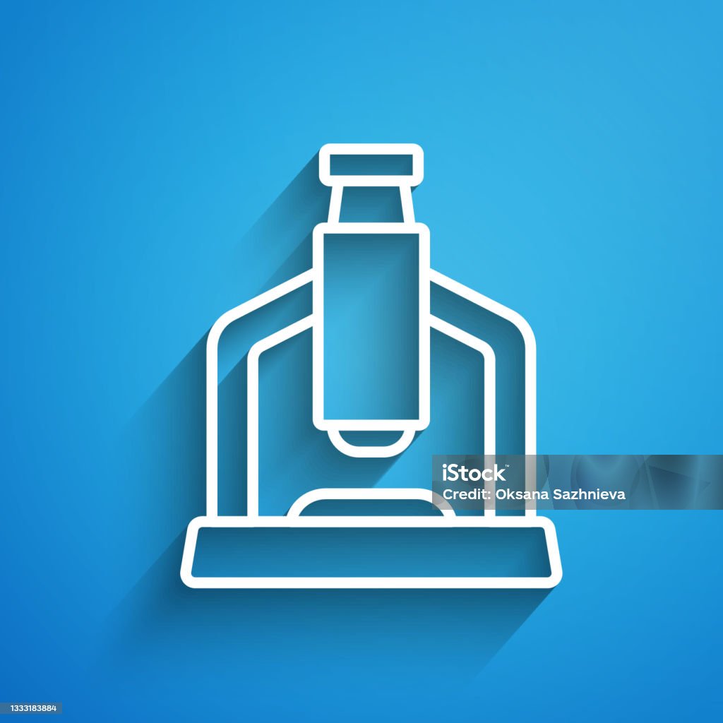 Ligne Blanche Icône Microscope Isolée Sur Fond Bleu Chimie Instrument