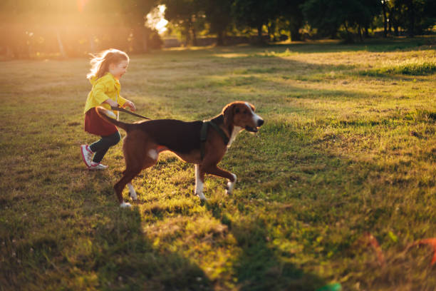 Free Stock Photo of Children running happily with a dog in a park ...