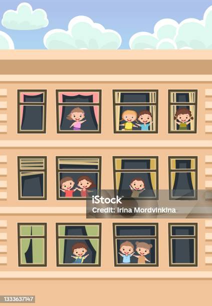 Fenêtres De La Maison Les Enfants Samusent Jour École De Style Cartoon ... Fenêtres De La Maison Les Enfants Samusent Jour École De Style Cartoon ...