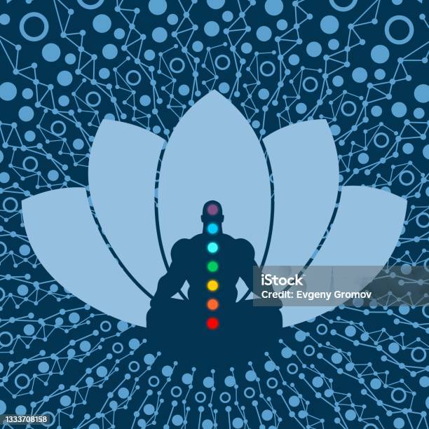 근육질의 남자는 색깔의 차크라 포인트와 명상 포즈에 앉아 Mental Wellbeing에 대한 스톡 벡터 아트 및 기타 이미지