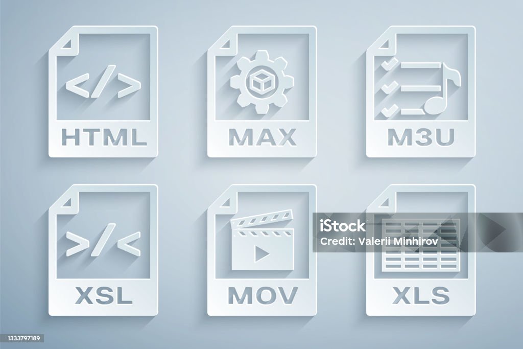 Set Mov File Document M3u Xsl Xls Max And Html Icon Vector Stock