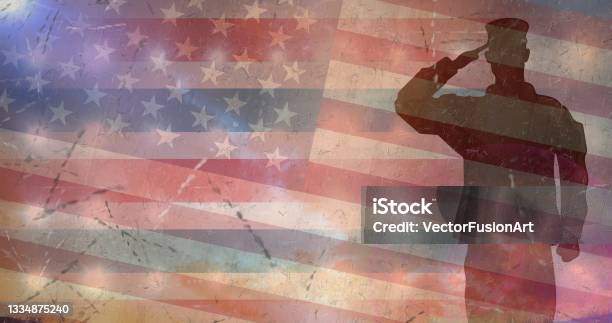 Composition Of Male Soldier Silhouette Saluting Over American Flag