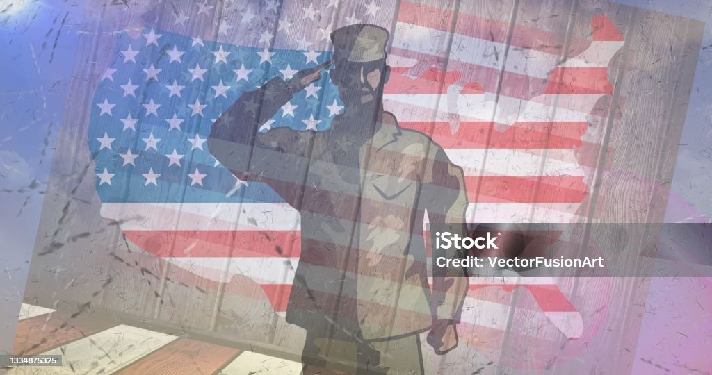 Composition Of Male Soldier Silhouette Saluting Over American Flag