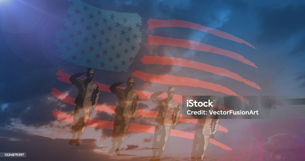 Composition Of Male Soldier Silhouettes Saluting Over American Flag