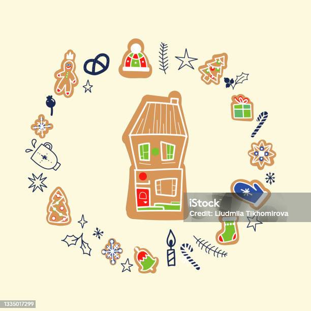 Vektor Doodle Kartu Natal Dengan Rumah Roti Jahe Dengan Latar Belakang