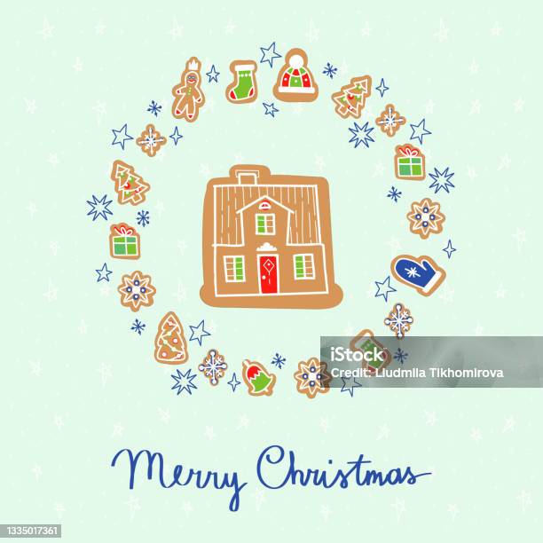Vektor Doodle Kartu Natal Dengan Rumah Roti Jahe Dengan Latar Belakang