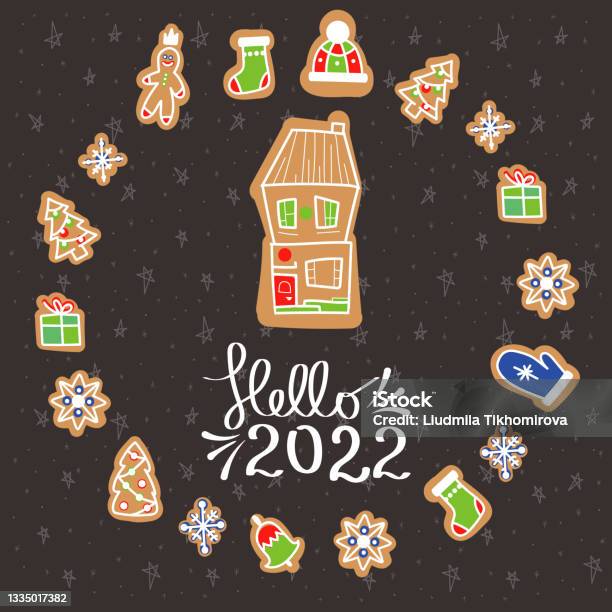 Vektor Doodle Kartu Natal Dengan Rumah Roti Jahe Dengan Latar Belakang