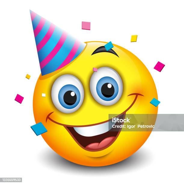 Ilustración De Lindo Emoji De Fiesta Cara Feliz Con Sombrero De
