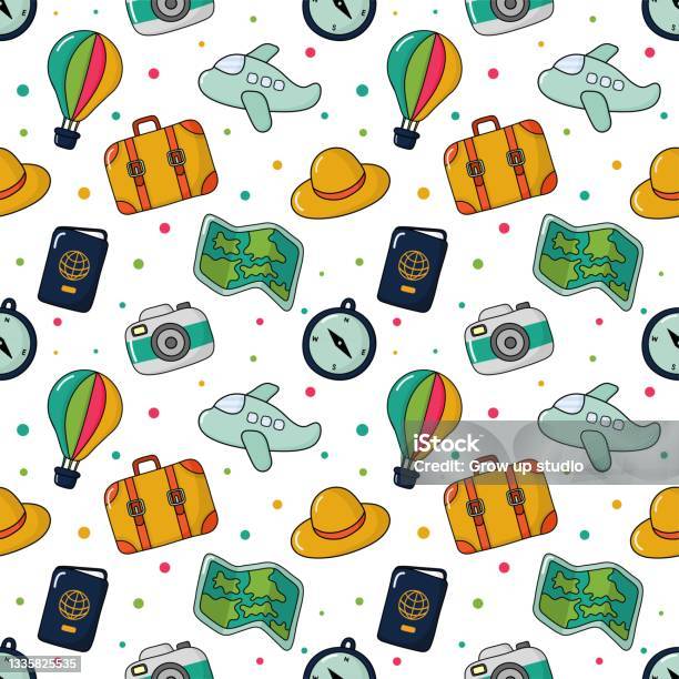Motif Sans Couture Voyage Mignon Style Dessin Animé Isolé Sur Fond