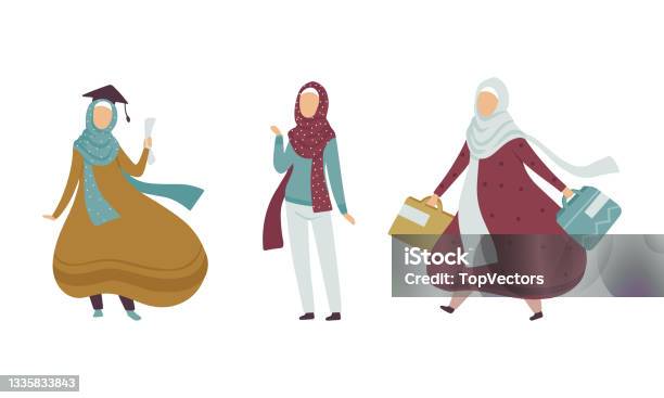 Wanita Muslim Berhijab Di Topi Wisuda Dan Dengan Tas Belanja Vector Set