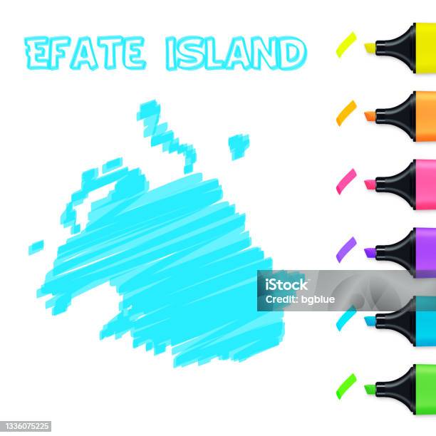 Carte De Lîle Efate Dessinée À La Main Avec Un Surligneur Bleu Sur Fond