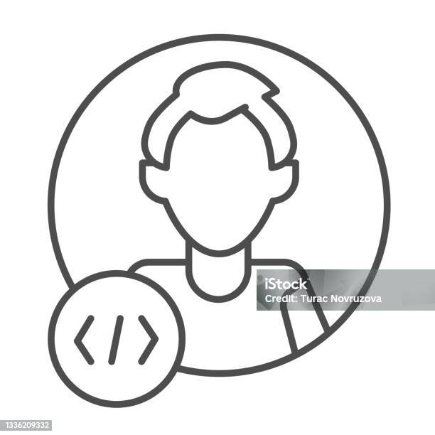 Guy Coder With A Code Tag Avatar Of Programmer Developer Thin Line Icon Ui Concept Man Vector