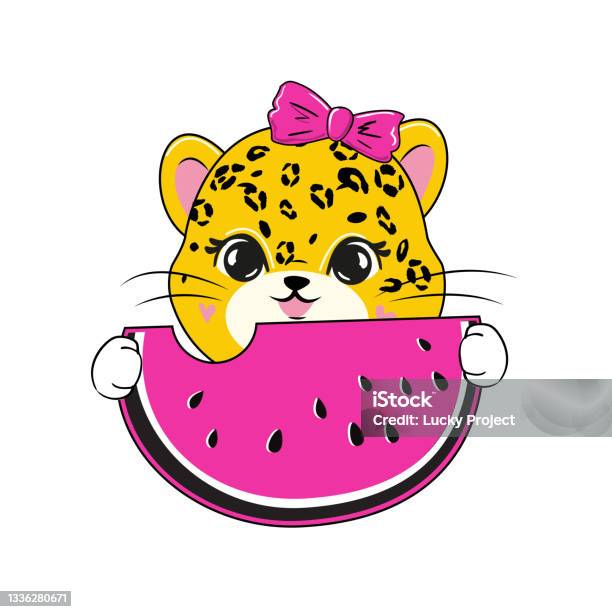 Kartun Musim Panas Yang Lucu Macan Tutul Makan Semangka Dengan Latar