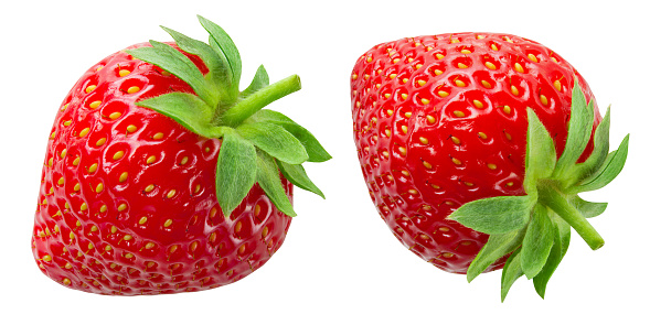 Strawberry Terisolasi Dua Stroberi Utuh Dengan Daun Di Latar Belakang