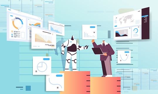 Robot Dengan Pengusaha Menganalisis Grafik Statistik Data Keuangan