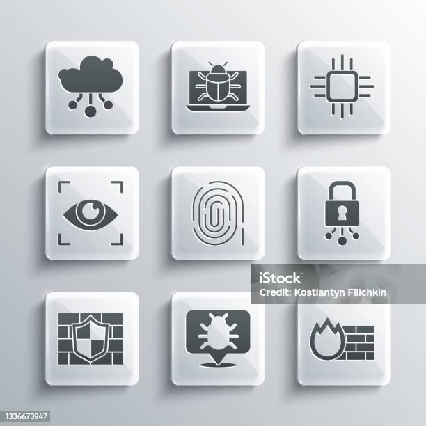 Set System Bug Firewall Security Wall Cyber Fingerprint Shield With Brick Eye Scan Internet Of