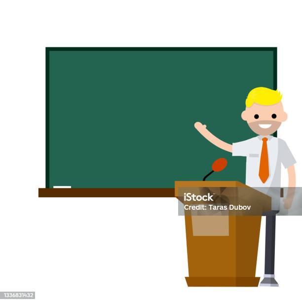 School Teacher Stand Near Blackboard Lecturer In College In Classroom