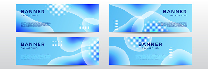 Set Desain Tata Letak Spanduk Lebar Biru Geometris Abstrak Latar