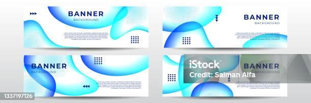 Set Desain Tata Letak Spanduk Lebar Biru Geometris Abstrak Latar