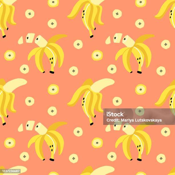 Banana Seamless Pattern Exotic Tropical Fresh Fruit Whole And Sliced