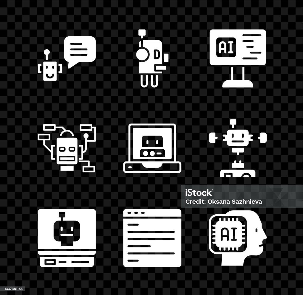 Set Bot Robot Software Computer Api Interface Humanoid Robot And Creating Icon Vector Stock