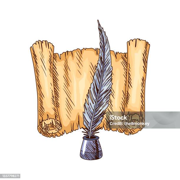 Buku Lama Vektor Kertas Gulir Tua Dengan Quill Antik Vintage Kertas