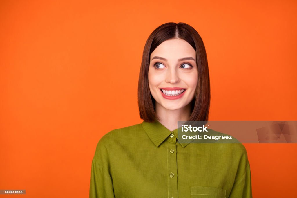 Photo Of Sweet Brunette Hairdo Millennial Lady Look Empty Space Wear