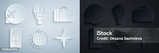 Set Globe Avec Avion Volant Valise De Voyage Et Autocollants Billet