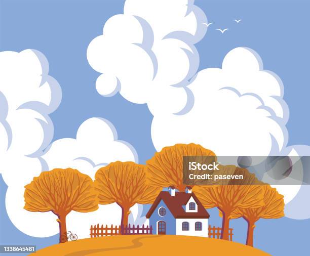 Paysage Dautomne Avec Jolie Maison De Campagne Et Arbres Vecteurs
