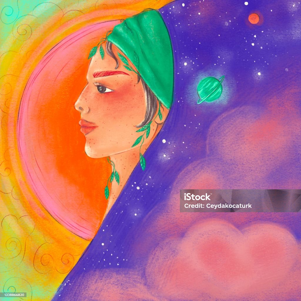 Tampilan Samping Wajah Wanita Muda Antara Ilustrasi Siang Dan Malam ... Tampilan Samping Wajah Wanita Muda Antara Ilustrasi Siang Dan Malam ...