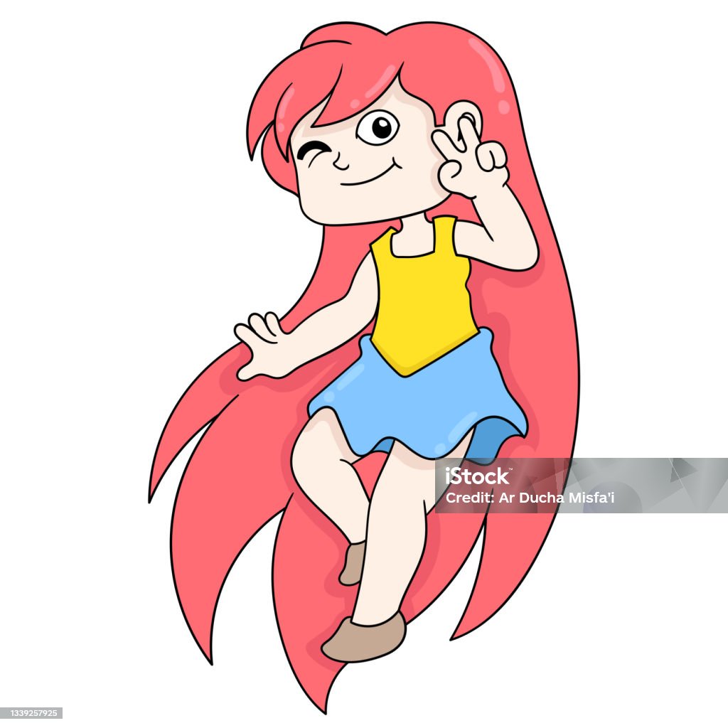 Wanita Cantik Dengan Rambut Merah Panjang Seni Ilustrasi Vektor Doodle Ikon Gambar Kawaii