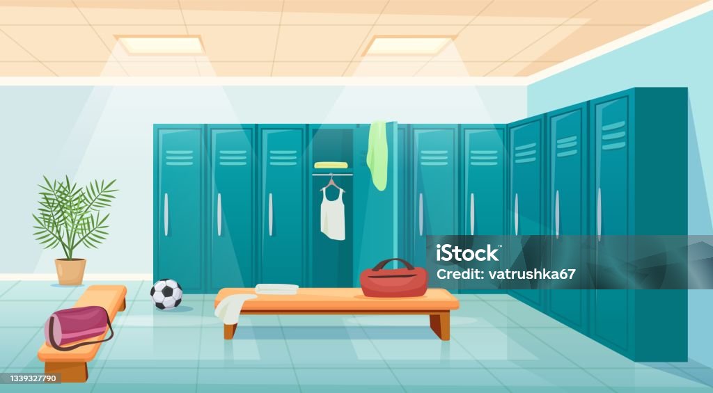 Ruang Ganti Gym Dengan Loker Ruang Ganti Olahraga Sekolah Kartun Kosong Klub Olahraga Klub