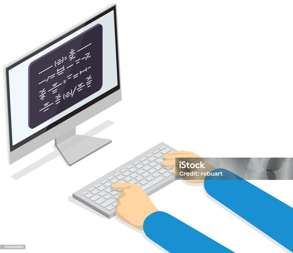 Man Types On Keyboard And Displays Text On Monitor Software Developer Code Sample Programming