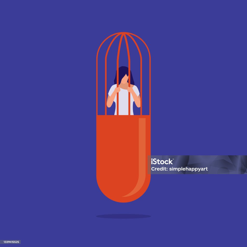 Drug Addiction Concept Drug Addict Woman Locked Inside A Prisoner Cage