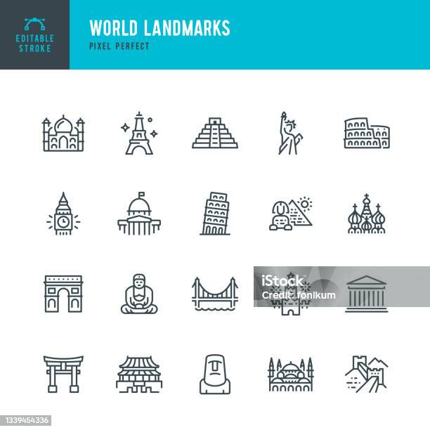 World Landmarks Jeu Dicônes Vectorielles À Ligne Mince Pixel Parfait