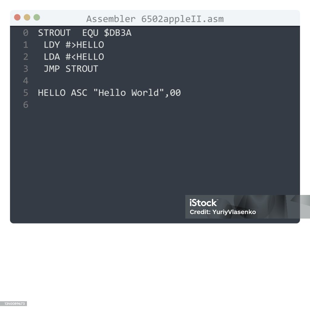 Assembler 6502appleii Language Hello World Program Sample In Editor
