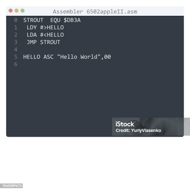 Assembler 6502appleii Language Hello World Program Sample In Editor Window Illustration Stock