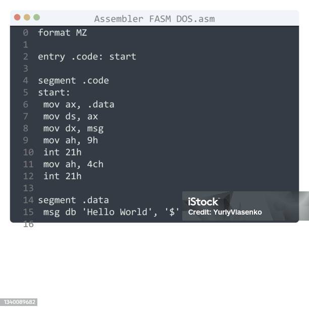 Assembler Fasm Dos Language Hello World Program Sample In Editor Window ... Assembler Fasm Dos Language Hello World Program Sample In Editor Window ...