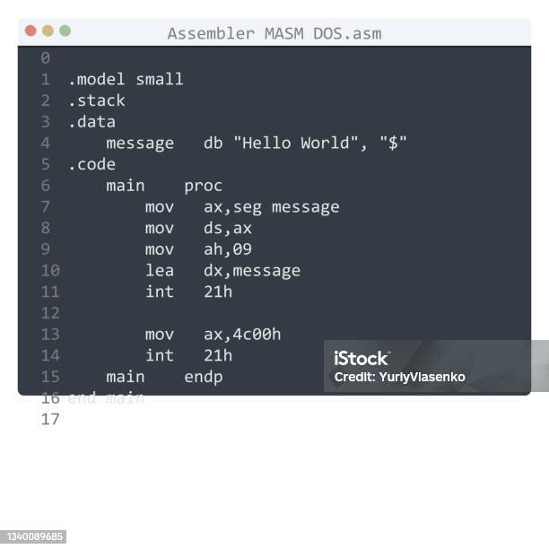 Assembler Masm Dos Language Hello World Program Sample In Editor Window