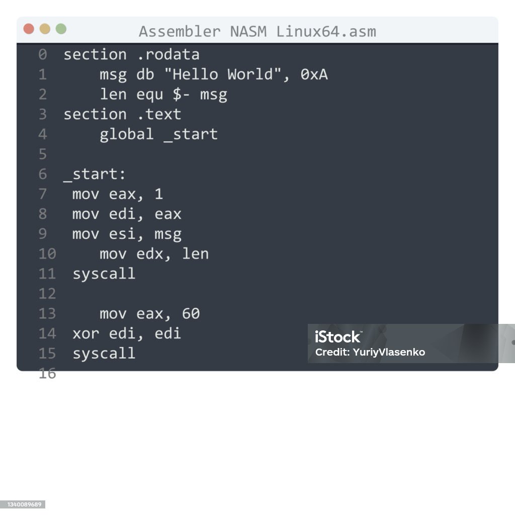 Assembler Nasm Linux64 Language Hello World Program Sample In Editor ... Assembler Nasm Linux64 Language Hello World Program Sample In Editor ...