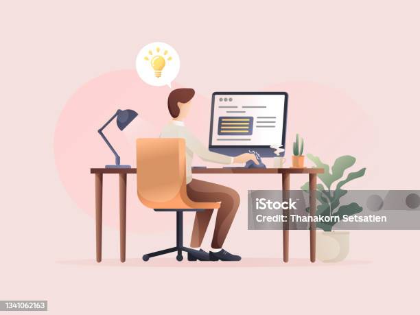 Man Comes Up With Ideas While Sitting At Work Stock Illustration ... Man Comes Up With Ideas While Sitting At Work Stock Illustration ...