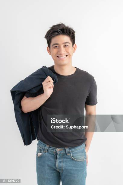 Portrait Smiling Handsome Asian Man Good Looking Asian Man Over Gray